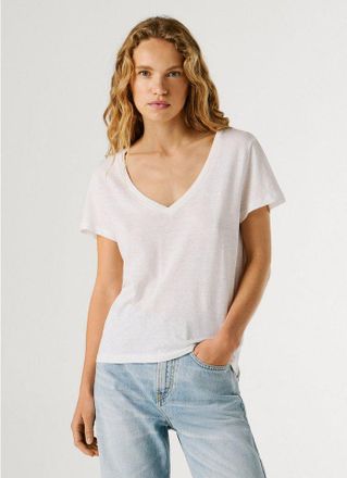 Pepe Jeans London T-Shirt MEGAN V-NECK im Materialmix mit Leinen