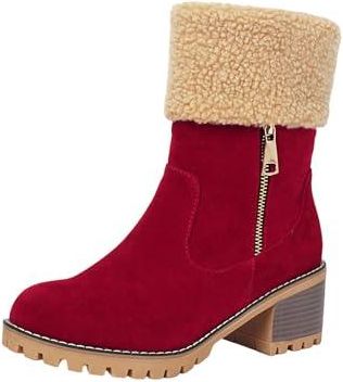 Generic Bottes dhiver pour femme doubl&eacute;es de fausse fourrure confortables mi-mollet &eacute;l&eacute;gantes d&eacute;contract&eacute;es r&eacute;tro talon &eacute;pais fermeture &eacute;clair lat&eacute;rale confor