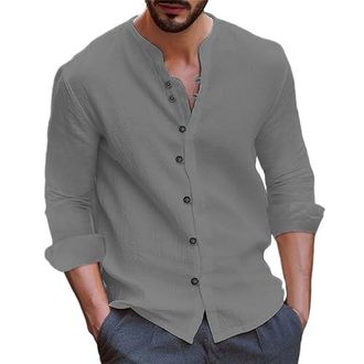 Generic Chemise en coton et lin pour homme - Chemisier dentra&icirc;nement d&eacute;contract&eacute; pour le printemps et lautomne - Col de chemise en coton &agrave; manches longues - C