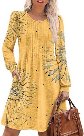 Generic Mini robe gaufr&eacute;e de style boh&egrave;me &agrave; manches longues et col rond - Robe d&eacute;contract&eacute;e fluide avec poches lat&eacute;rales - Douce et extensible - Confortable -