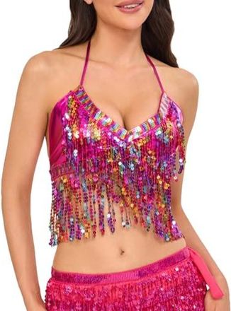 Generic Haut &agrave; paillettes pour femme avec franges, dos nu, soutien-gorge pour festival, danse du ventre, costume