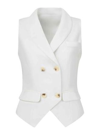 Allegra K Gilet &eacute;l&eacute;gant pour femme &agrave; double boutonnage ch&acirc;le revers gilet de costume sans manches Blanc S