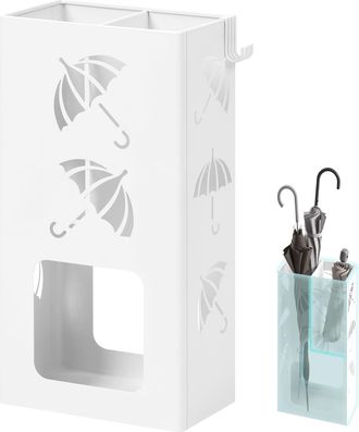 Woltu Regenschirmständer 2 Slots, Schirmständer Regenschirm, mit 4 Haken, quadratischer Regenschirmhalter, für Eingangsbereich, 25x49x15 cm, aus Metall,Weiß
