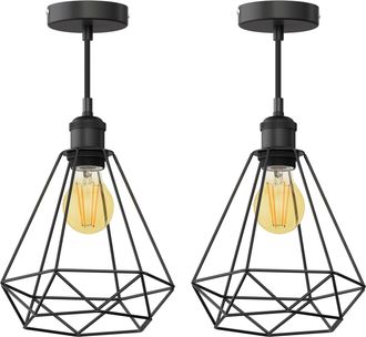 LEDs Com 2 Stück Vintage Pendelleuchte RETRA, schwarz, Käfig-Schirm + LED Lampe gold max. 778lm, 3-Stufen, extra-warmweiß