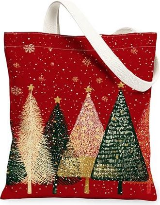 Generic Sacs fourre-tout en toile motif arbres de No&euml;l, sacs r&eacute;utilisables, vintage l&eacute;gers et lavables avec bandouli&egrave;re en toile F, Rouge, 13x15 Inch