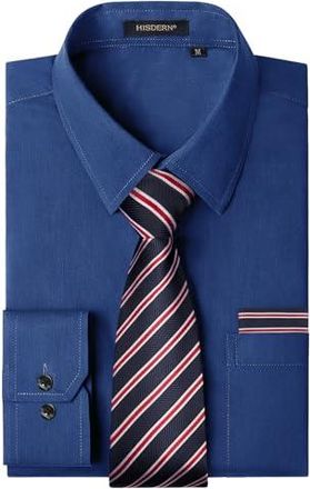 Hisdern Chemise Bleu Marine Homme Manches Longues Business Chemises avec Cravate Habillée Chemise Casual Mariage avec Poche Regular XL