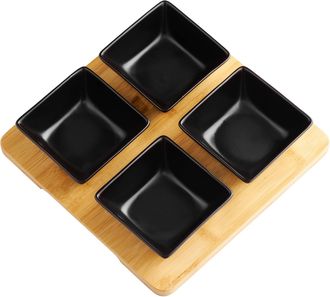 Ambition Schalen-Set schwarz Porzellan Dipschalen Set mit Tablett 25 cm quadratisch Bambusbrett Natural Kollektion