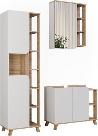 Vicco Badmöbel-Set Sonoma/Weiß Karen, bestehend aus Bad Spiegelschrank, Waschbeckenunterschrank, Hochschrank - Offene und geschlossene Fächer für Flexible A