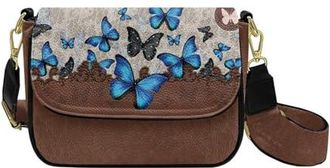 Hugs Idea Sac à main à bandoulière en cuir pour femme avec large sangle, Papillon Bleu, Taille unique