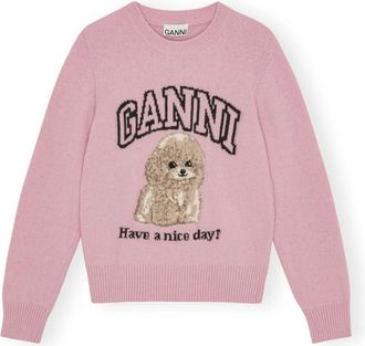 Ganni Femme, Pulls, Rose, Taille: 42 FR Pull Ras du Cou en Laine avec Motif Chien Caniche