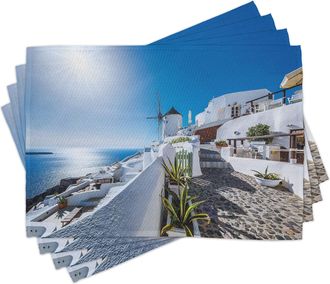 Abakuhaus Sommer Platzmatten, Oia Dorf in Santorini, Waschbare Stoff Esszimmer Küche Tischdekorations Digitaldruck, Azurblau