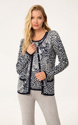 Passioni Cardigan Twinset mit marineblauem und grauem Leopardenmuster