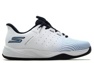 Skechers Viper Court Reload Herren-Sneaker, freih&auml;ndig, Wei&szlig;es Synthetik-Textil, Blauer Rand, marineblauer Besatz, 45 EU