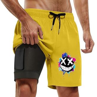 Generic Short de bain pour homme avec doublure de compression, couture int&eacute;rieure, short de bain, maillot de bain avec poches, jaune, XXL