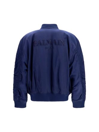 Balmain Mens Nylon Bomber Jacket With Embroidered Back Logo Bleu Polyamide Down Coat