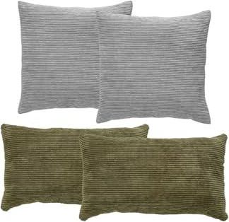 Andiamo Kissen-Set Emy in Cord-Optik - Sofakissen mit F&uuml;llung Bezug - Zierkissen Set Dekokissen Kopfkissen - 2X 40 x 40 cm in grau + 2X 30 x 50 cm in Olive