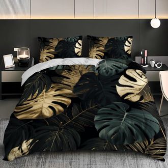 Generic Bettw&auml;schet 200x200 cm 3D Bettbezug Set Microfaser Luxuri&ouml;Se Pflanzenbl&auml;Tter Bettbezug mit Rei&szlig;verschluss Weich Hypoallergen Schwarz Bettw&auml;sche-Sets f