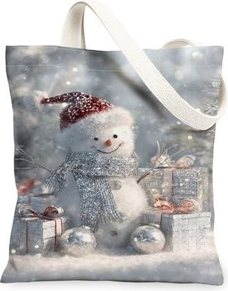 Generic Sacs fourre-tout en toile motif bonhomme de neige de No&euml;l, sacs d&eacute;picerie r&eacute;utilisables, &eacute;tincelants, l&eacute;gers et lavables, S, Blanc, 13x15 Inch
