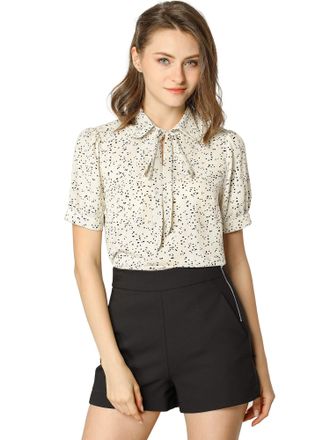 Allegra K Damen Polka Dots Oberteil Kurzarm Bubikragen Krawatten Ausschnitt Chiffon Punkte Top Bluse Cremewei&szlig; XL