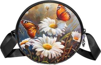 Generic Sac &agrave; bandouli&egrave;re rond pour femme, motif papillons, marguerites, petit sac &agrave; bandouli&egrave;re avec fermeture &eacute;clair, bretelles r&eacute;glables, sac &agrave; main rond d