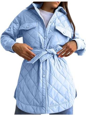 Generic Vestes pour femmes, automne et hiver, couleur unie, revers &agrave; boutonnage, ceinture ample, manteau chaud 2026, bleu clair, XL