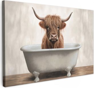 MuchoWow © Bilder Klein 30x20 cm Mini Wohnzimmer Deko Modern Wandbild Foto auf Leinwand Bild Schlafzimmer Room Decor Geschenke Hochlandrind - Highland Cow - Ba