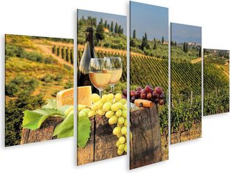 Islandburner Leinwandbild Wei&szlig;wein Mit Fass Auf Weinberg In Chianti Toskana Italien - Leinwand 170x80cm - 5 Teile