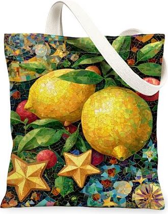 Generic Sacs fourre-tout en toile motif mosa&iuml;que de citron, sacs d&eacute;picerie r&eacute;utilisables, l&eacute;gers et lavables, Jaune, 13x15 Inch