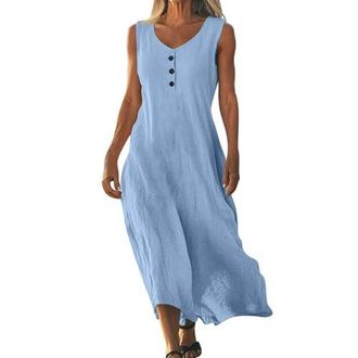 Generic Robe d&eacute;t&eacute; en lin pour femme - Grandes tailles - Robe d&eacute;contract&eacute;e &agrave; col en V - Robe &agrave; manches courtes - Robe de plage pour femme - Manches longues, bl