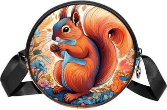 Generic Sac &agrave; bandouli&egrave;re rond pour femme, motif &eacute;cureuil color&eacute;, petit sac &agrave; dos &agrave; bandouli&egrave;re avec fermeture &eacute;clair, bretelles r&eacute;glables, sac &agrave; main rond d&eacute;