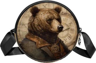 Generic Sac &agrave; bandouli&egrave;re rond pour femme, motif ours vintage, petit sac &agrave; bandouli&egrave;re avec fermeture &eacute;clair, bretelles r&eacute;glables, sac &agrave; main rond d&eacute;contract&eacute;