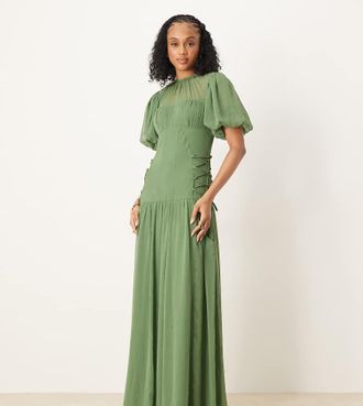 Asos Tall ASOS DESIGN Tall - Robe longueur mollet en mousseline à manches bouffantes - Vert