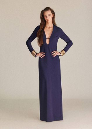 Mango Robe longue col V bleu nuit - Femme - XS - MANGO