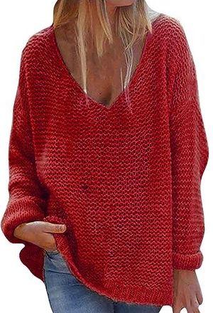 Generic Pull à manches longues pour femme - Tendance - Grande taille - Confortable - Col en V - Pull dautomne pour femme - Couleur unie - Pull tendance - Auto