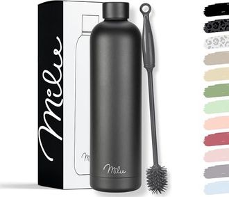 Milu Bouteille isotherme en acier inoxydable - 1 l Anti-fuite Double paroi Convient pour les boissons gazeuses Avec brosse de nettoyage (noir, 1000 ml)