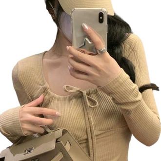 Generic QXDZSW Automne Femmes Chic Bowknots Tops Lady Col Carr&eacute; Slim Fit T-Shirts Femme Doux Rose Abricot Manches Longues V&ecirc;tements, abricot, XL