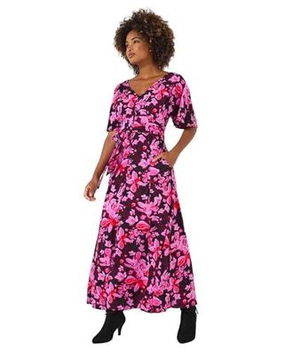 Joe Browns Print Floral Wide Sleeve Button-Through Maxi Dress Robe, Rose, 46 Petite Femme
