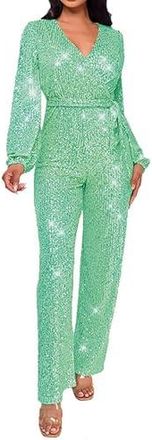 Generic Combinaison &agrave; paillettes &agrave; manches longues et col en V - Combinaisons pour femmes - Combinaison &eacute;l&eacute;gante pour femme - Pantalon long droit large avec p