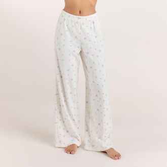 Lounge Gerippte Pyjamahosen - Florales Wei&szlig; - XXL