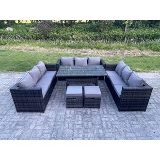 Fimous 11 Sitzer Outdoor Polyrattan Gartenm&ouml;bel Sofa Set Terrassen Rechteckiger Esstisch mit 2 Kleiner Hocker Dunkelgrau gemischt - Fimous