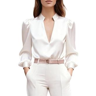 Generic Chemisier en satin pour femme habill&eacute; et d&eacute;contract&eacute; avec col en V, couleur unie, toucher soyeux, &eacute;l&eacute;gant pour invit&eacute;s, mariage, travail, travail, f&ecirc;t