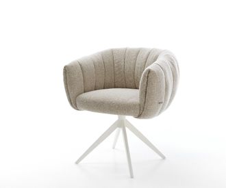 DELIFE Drehstuhl Jada-Flex Webstoff Soft Beige Kreuzgestell breit Wei&szlig; 360&deg; drehbar Wippfunktion Taschenfederkern, Esszimmerst&uuml;hle