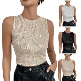Generic Y2K Hauts &agrave; paillettes pour femme - Crop Tops court ventre nu - D&eacute;bardeur &agrave; paillettes - Sans manches - &Eacute;paules d&eacute;nud&eacute;es - Tunique - Couleur unie - &Eacute;l