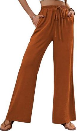 Feoya Femme Lin Pantalon Été Coton Lin Pantalon Léger Casual Elegant Pantalon Couleur Unie Mode Pants avec Poches Orange Size XL
