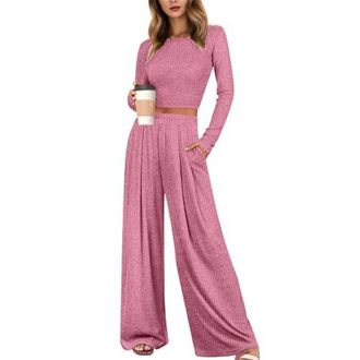 Generic Tenues deux pi&egrave;ces pour femme - Haut court &agrave; manches longues - Pantalon large - Ensembles assortis, rose, XXL
