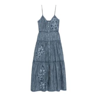 Ermanno Scervino Femme, Robes, Bleu, Taille: 38 FR Abito midi in lino effetto denim ricamo a fiori