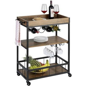 WENKO Rustico K&uuml;chenwagen, dreistufiges Gestell auf R&auml;dern mit Flaschenhalter und Glashalter - 80 x 89,5 x 40 cm Wenko