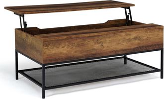 IDMarket Couchtisch, aufklappbar, rechteckig, Hamilton, dunkles Holz und Ablage unten, Industriedesign