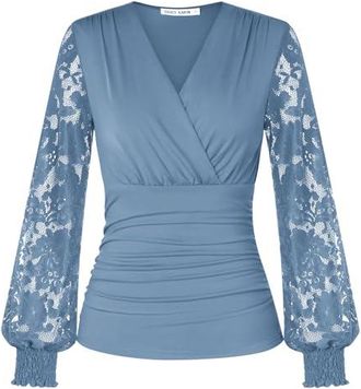 Grace Karin Femme &Eacute;l&eacute;gant Haut Dentelle Col V Crois&eacute; Sexy Blouse Portefeuille Pliss&eacute; Ajust&eacute; Festif