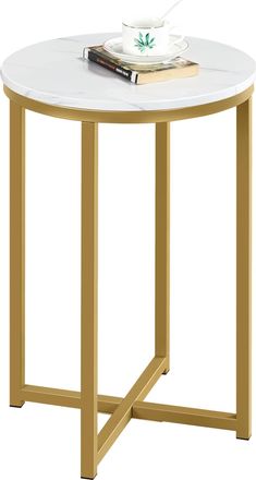 Yaheetech Beistelltisch aus Kunstmarmor, 40,6 cm Beistelltisch und moderner Sofatisch mit X-Basis, runde Tischplatte, stabile Metallbeine f&uuml;r Wohnzimmer, senfgo